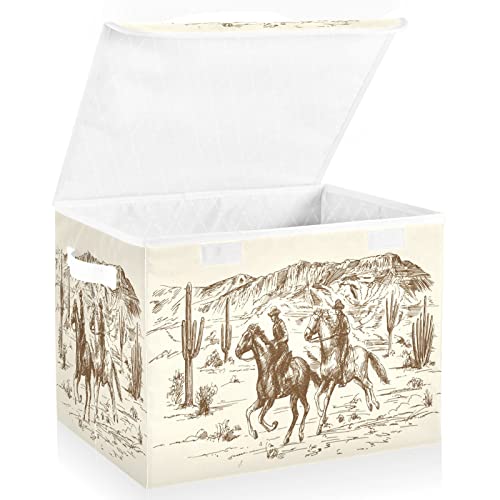 Western Desert Cowboy Storage Basket 16.5x12.6x11.8 In Collapsible Fabric Storage Cubes Organizer Large Storage Bin with Lids and Handles for Shelves Bedroom Closet Office