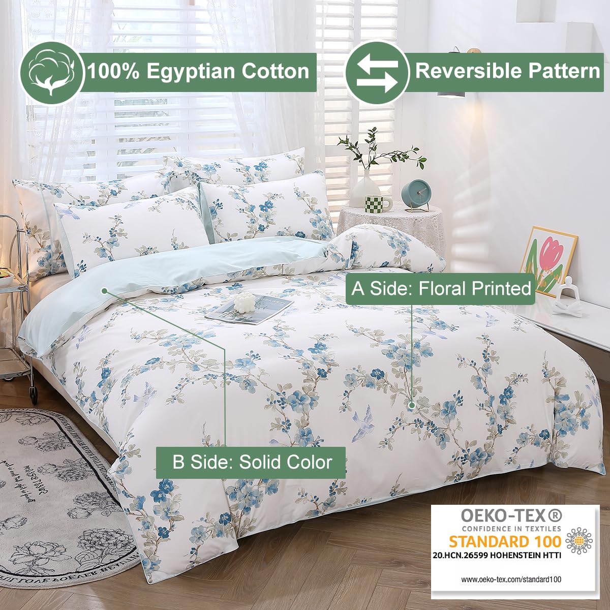 URBONUR Blue Floral Duvet Cover Set Queen Size 100% Cotton 3 Pieces Bedding Comforter Cover with Button Closure Birds on White Comforter Cover Sets, Soft Cooling Duvet Cover Queen