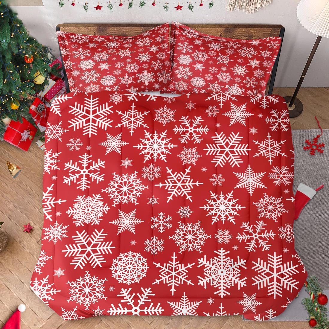 WeCozy Queen Size Comforter Set with 2 Pillowcases, Christmas Gray Cute Santa Snowman Soft 3 Pcs Bedding Set for Kids and Adults Bedroom Bed Decor