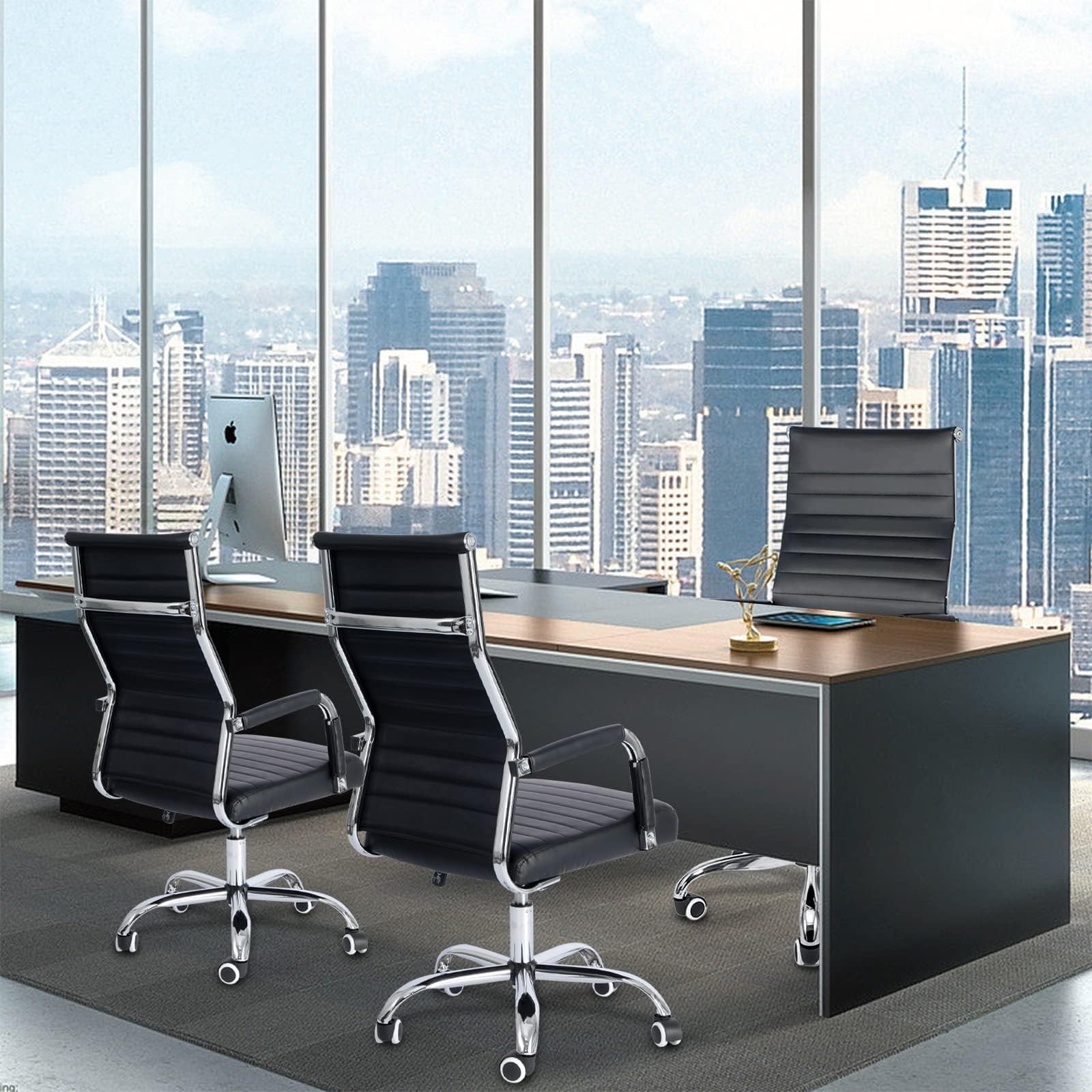 LUCKWIND Office Desk Chair, Executive Ribbed Task Chair, High-Back Leather Conference Ergonomic Chair, Swivel Arm Chair, Height Adjustable & Tilt Rocker (Black)