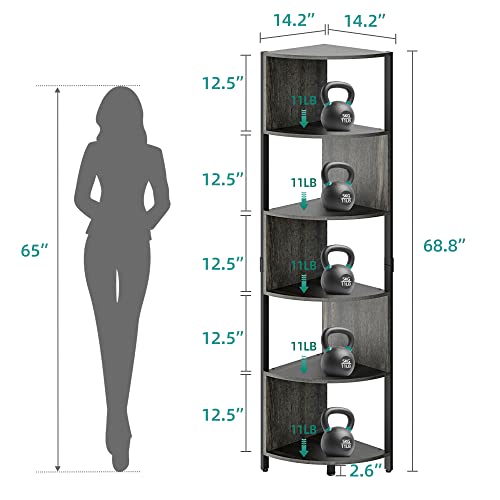 YITAHOME 6-Tier Corner Shelf, 68.8" Tall Industrial Free Standing Corner Bookshelf, 6 Shelf Display Corner Bookcase Open Small Book Shelves for Bedroom, Living Room, Small Space, Charcoal Gray + Black