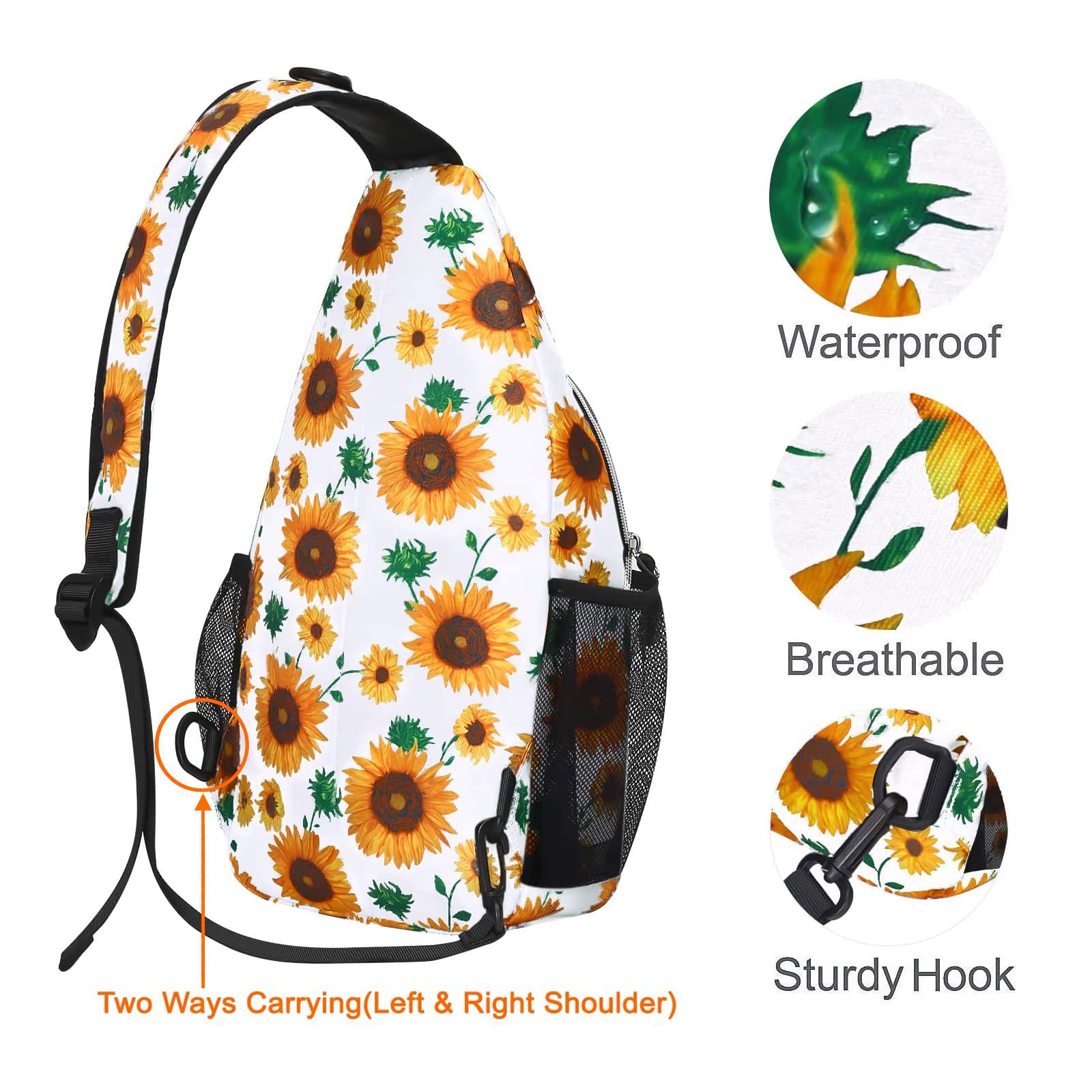 MOSISO Sling Backpack,Travel Hiking Daypack Sunflower Rope Crossbody Shoulder Bag, White