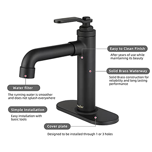 NEWATER Single-Handle Brass Bathroom Sink Faucet One Hole Deck Mount Vanity Faucets Basin Mixer Tap Rv Commercial Lavatory Faucet with Metal Pop Up Drain & Supply Lines,Matte Black