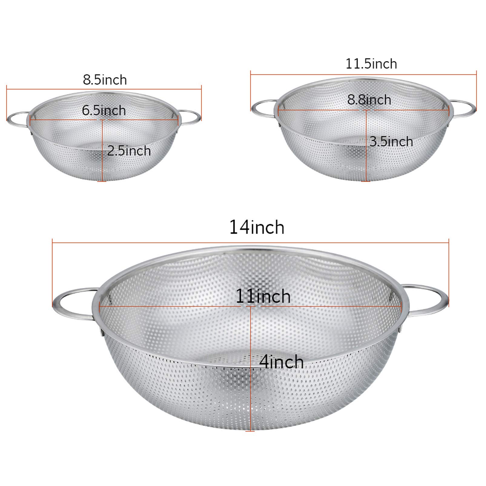 P&P CHEF Colander Set of 3, Stainless Steel Micro-Perforated Colanders Strainers for Draining Rinsing Washing, Ideal for Pasta Vegetables Fruits, Heavy Duty & Dishwasher Safe - 1/3/5 Quart