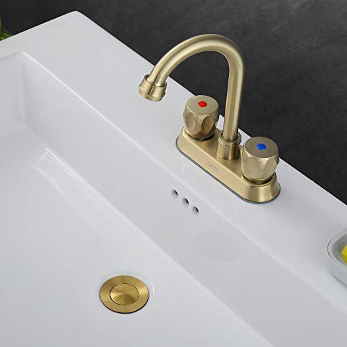 Rainovo Sink Drain Stopper Bathroom, Pop-Up Drain Stainless Steel With Overflow Anti-Clogging for Vessel Sink Lavatory Vanity Sink Drain with Strainer Basket, Brushed Gold