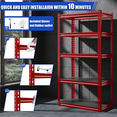 REIBII Garage Shelving Heavy Duty 72" Garage Storage Shelves 5 Tier Adjustable Heavy Duty Shelving 1750LBS Metal Storage Shelving Unit for Basement Garage Storage Rack 72"H x 16.8"D x 31.8"W Red Black