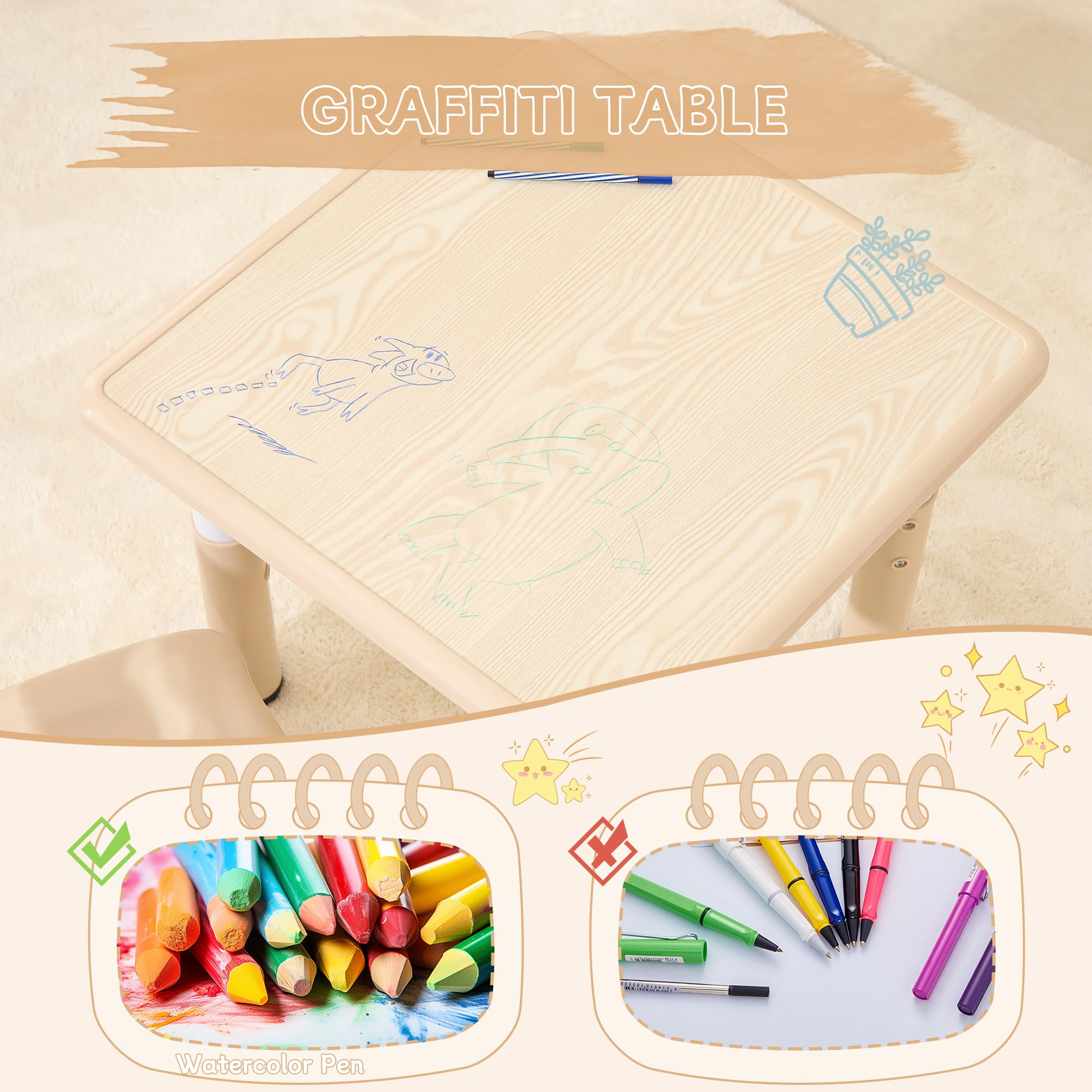 SINKIPA Kids Table and 2 Chairs Set, 23.6''L x 23.6''W Toddler Table and Chairs, Height Adjustable Kids Study Table for Ages 2-10, Graffiti Desktop Children Activity Table with Anti-Slip Foot Covers