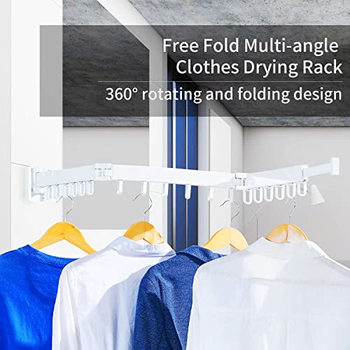 Wixann Clothes Drying Rack Wall Mount, Retractable Clothes Hanger with 18 Movable Hooks, Foldable Clothes Rack for Balcony, Laundry, Bathroom, Patio(White)