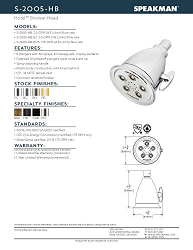Speakman, Polished Brass S-2005-HB-PB Hotel Anystream High Pressure 2.5 GPM Adjustable Shower Head