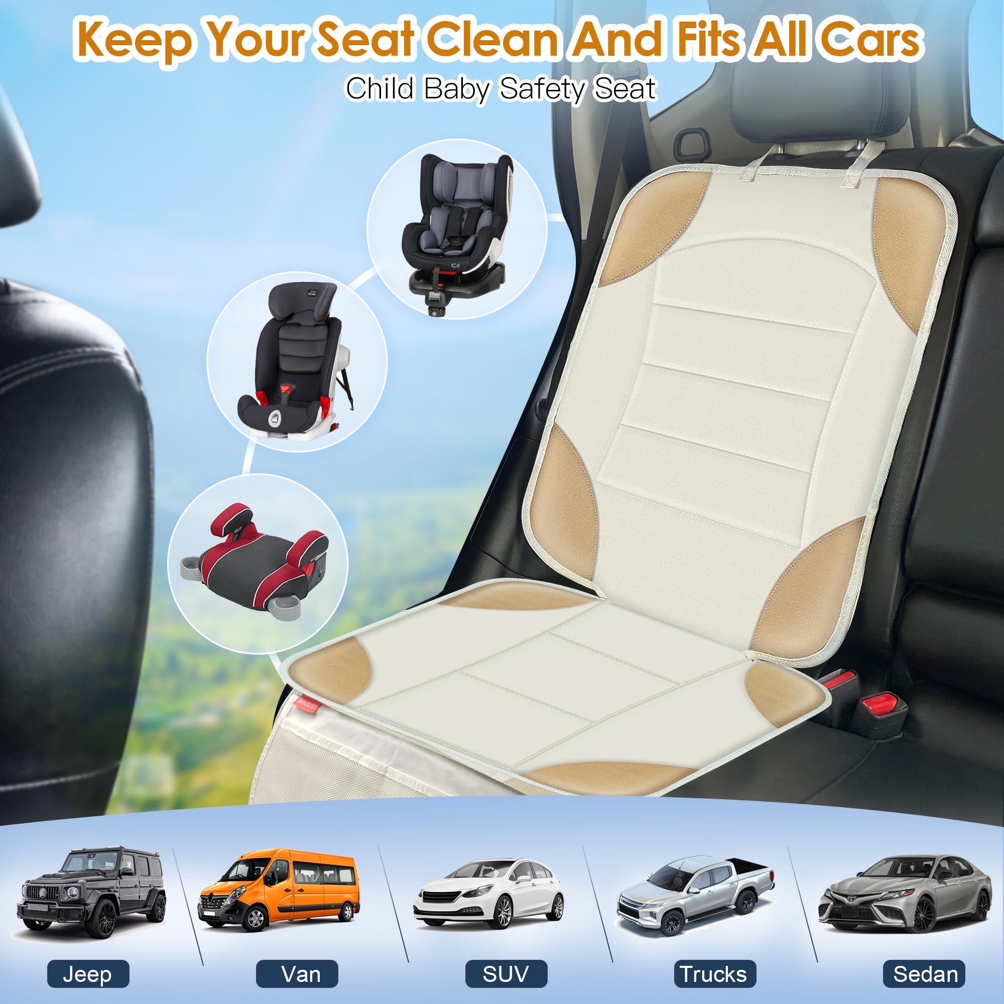 Sinvitron Car Seat Protector for Child Car Seat, Car Seat Mat for Leather Seats, Non-Slip Backing, 2 Mesh Pockets,Waterproof Seat Covers for Cars,Vehicles,Baby (2-Pack)