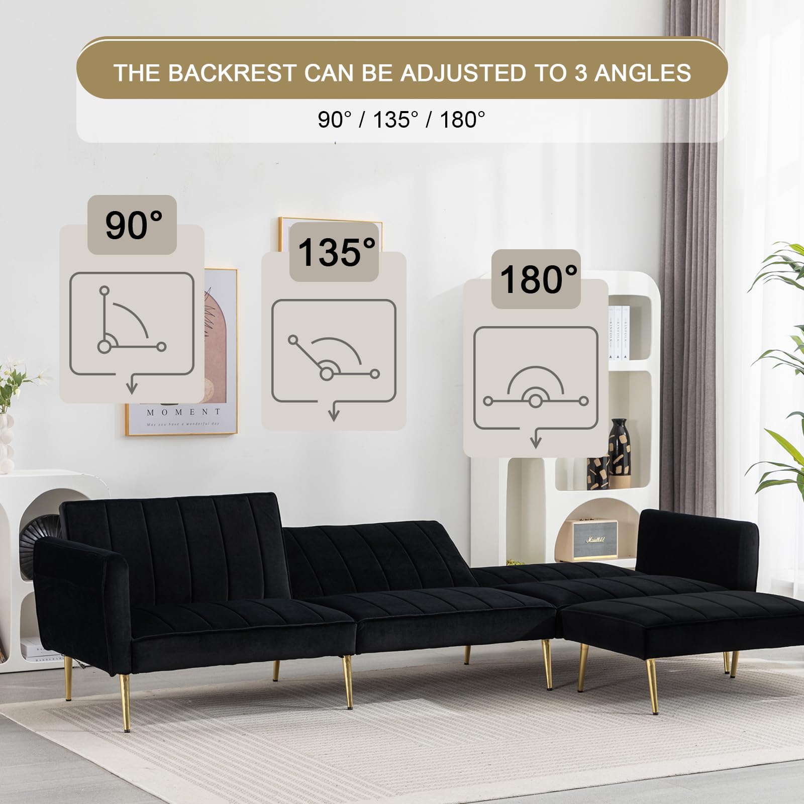TTGIEET 105" Velvet Sofa Couch with Chaise, L Shape Futon Sofa Couch with USB, 4-Seat Sleeper Sofa Bed for Living Room (Black)