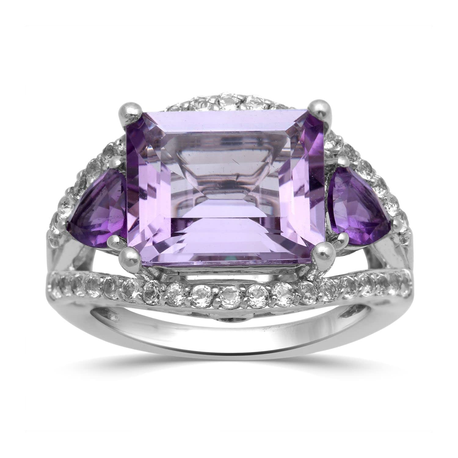 Jewelili Sterling Silver 12x10MM Octagon and 5MM Trillion Amethyst with 1.5MM Round Emerald and White Topaz Three Stone Ring, Size 7