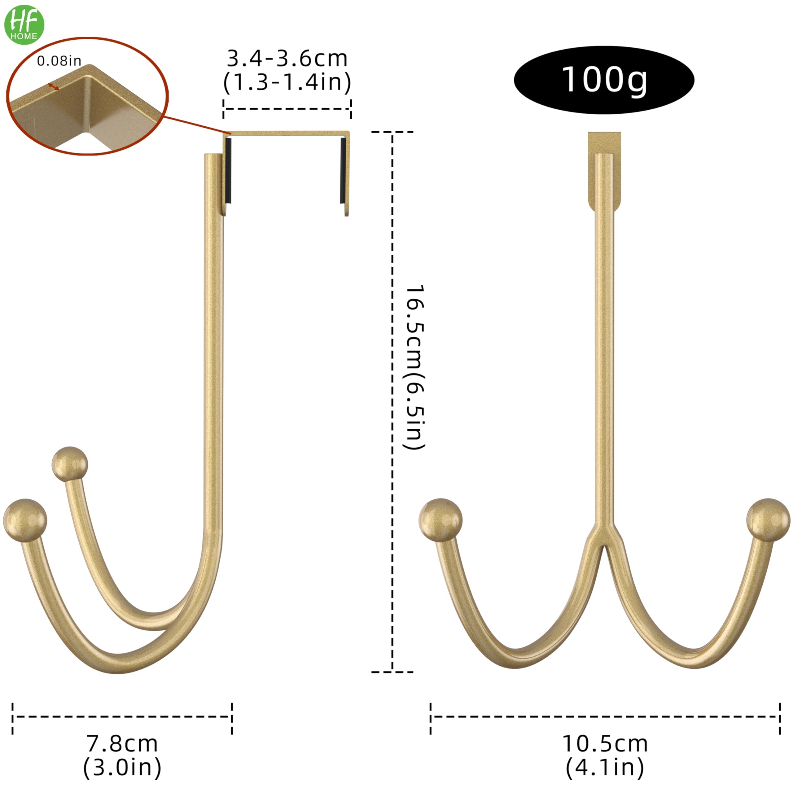 HFHOME 2Packs Over The Door Double Hanger Hooks, Metal Twin Hooks Organizer for Hanging Coats, Hats, Robes, Towels- Gold