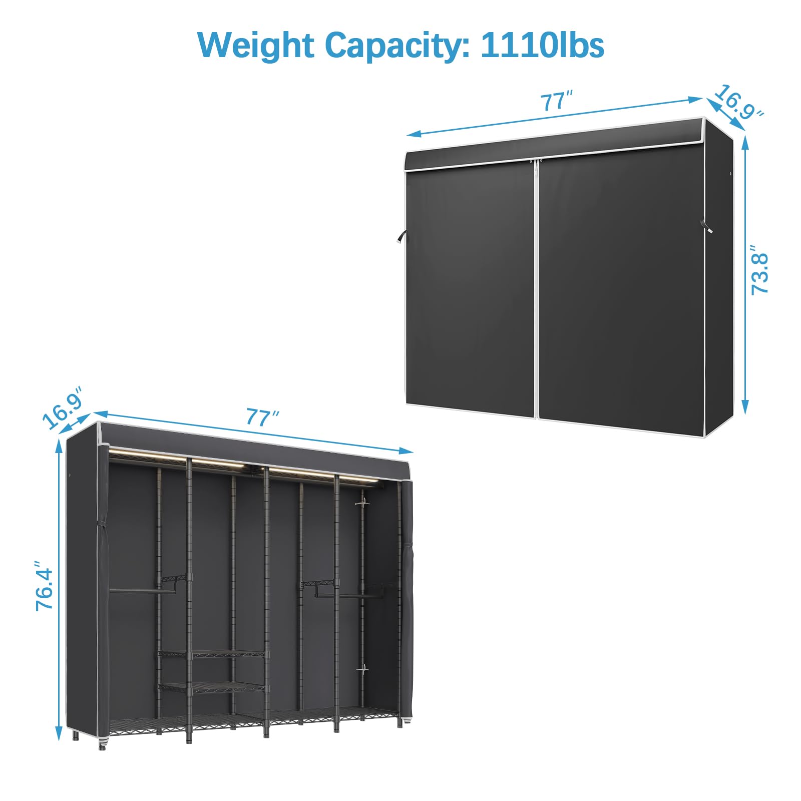 VIPEK V40L Covered Clothes Rack with Dimmable LED Lights, Heavy Duty Garment Rack Portable Closet Wardrobe Freestanding Clothing Rack for Hanging Clothes, Black Closet Rack with Black Oxford Cover