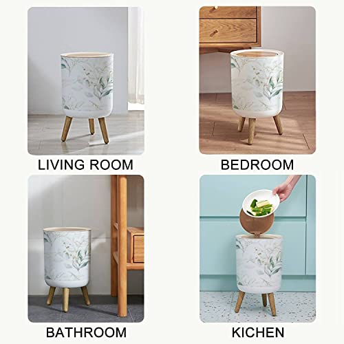 Small Round Trash Can Watercolor Floral Botanical Green Gold Leaves Branches Recycle Bins with Press Top Lid Dog Proof Wastebasket for Kitchen Bathroom Bedroom Office 7L/1.8 Gallon