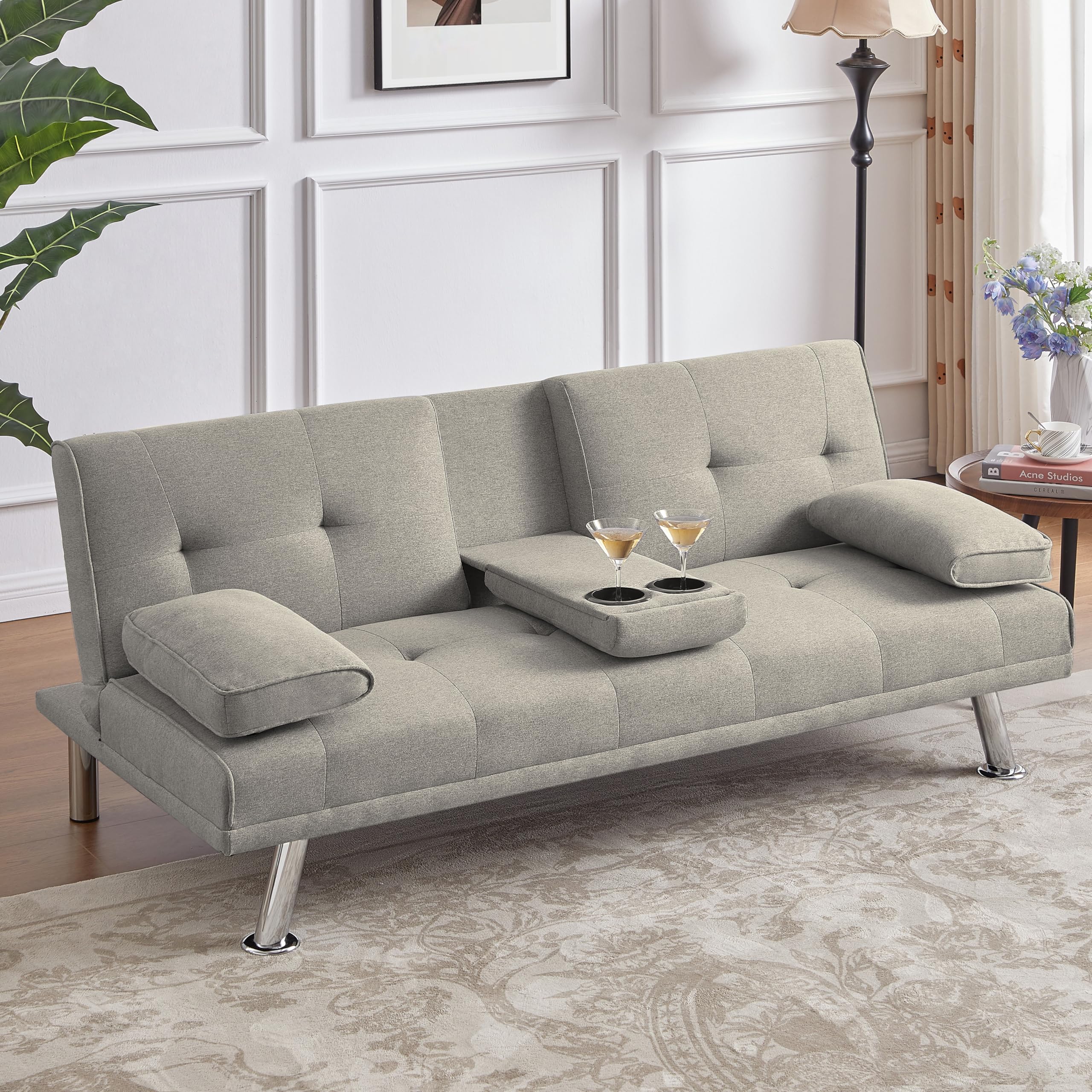 VIPKOE Folding Futon Linen Couch Sleeper Adjustable Sofa Bed for Living Room Stainless Steel Frame and Feet with 2 Cup Holders,Removable Armrests (Light Gray)