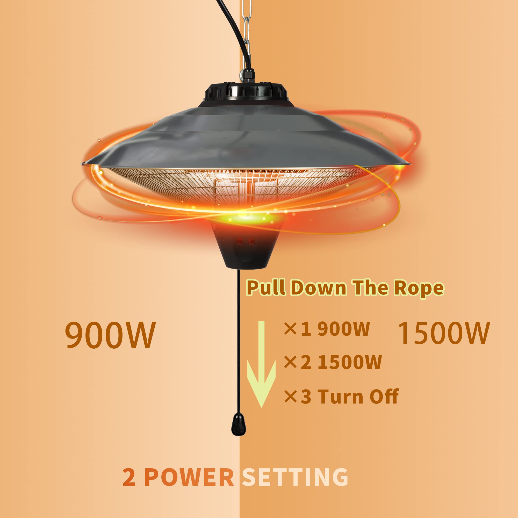 Outdoor patio hanging heater, Electric Infrared Ceiling Mounted Heater with 2 Adjustable Modes(750W/1500W), Indoor Waterproof Heater for Balcony,Courtyard,Gazebo,Garage
