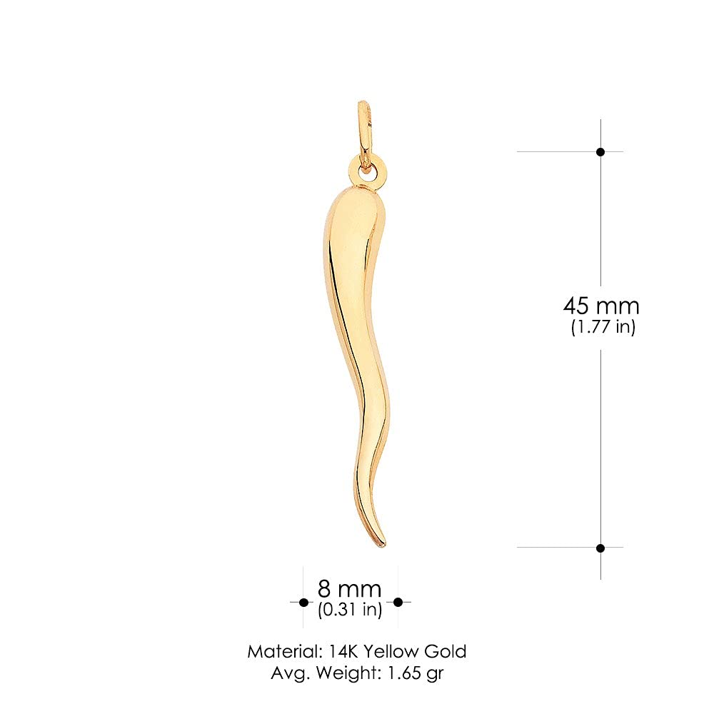 Ioka - 14K Yellow Gold Cornicello Italian Horn 45MM Charm Large Size Good Luck Pendant For Necklace or Chain