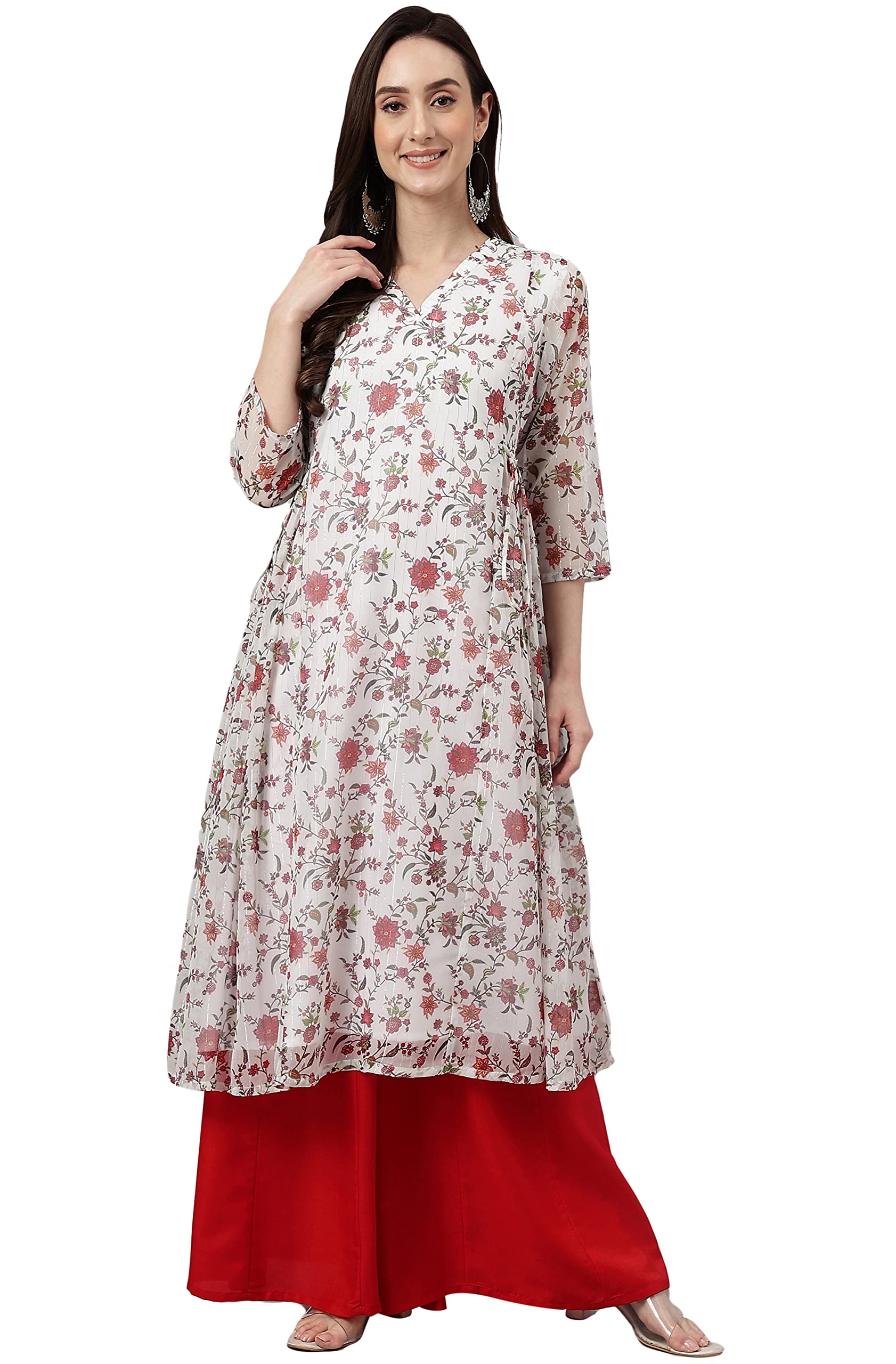 Janasya Indian Women's White Chiffon Lurex Floral Printed flared Kurta