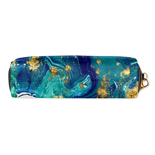TropicalLife Turquoise Marbling Texture Golden Pencil Case, Portable Pu Leather Pencil Pen Case Pouch Bag with Zipper for Travel, School, Cosmetic Bag