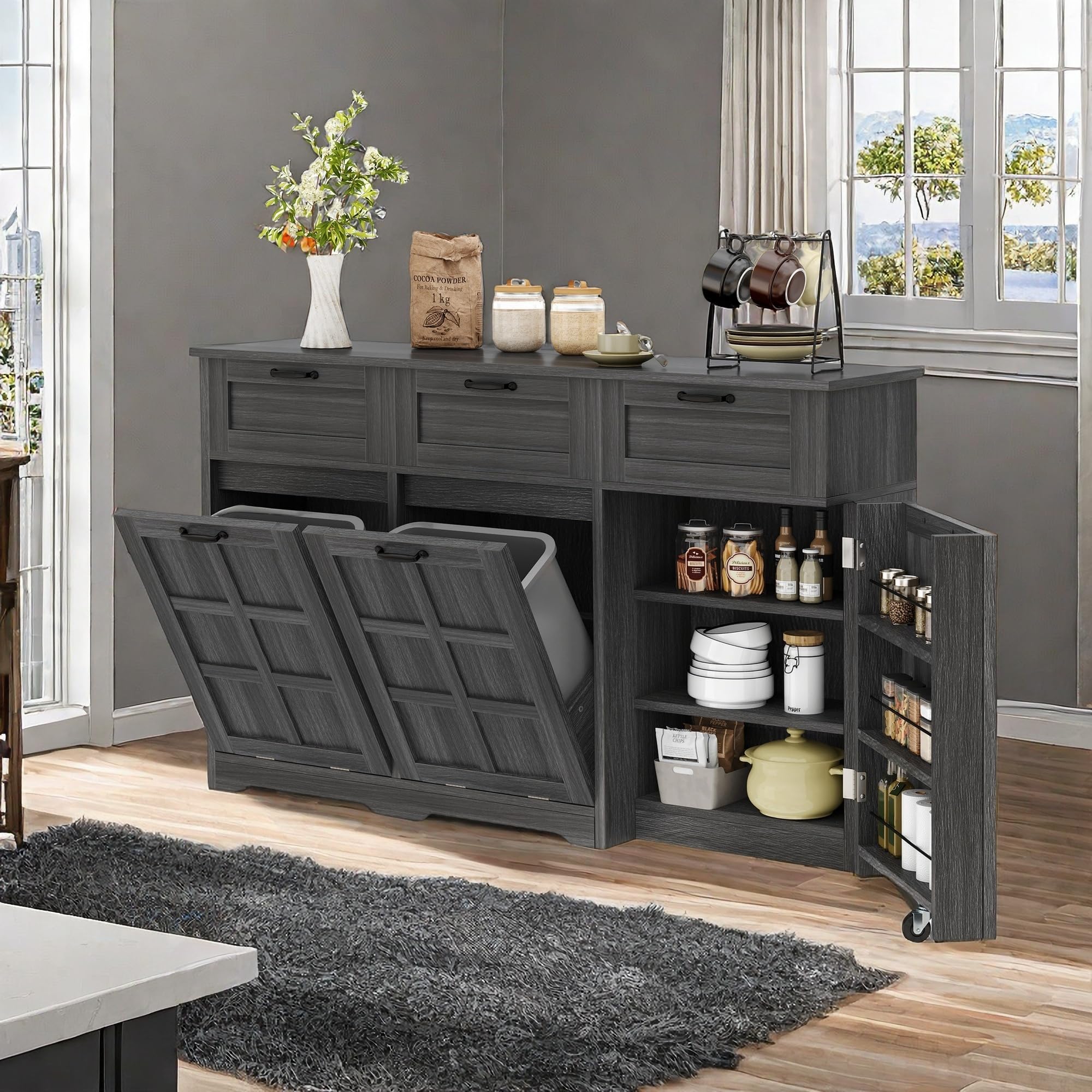 YITAHOME Kitchen Garbage Cabinet, Suitable for Two 10-Gallon Trash Cans, Storage Cabinet with 3 Layers, Three Drawers, Space-Savvy Design, Efficient Storage Options, White Oak
