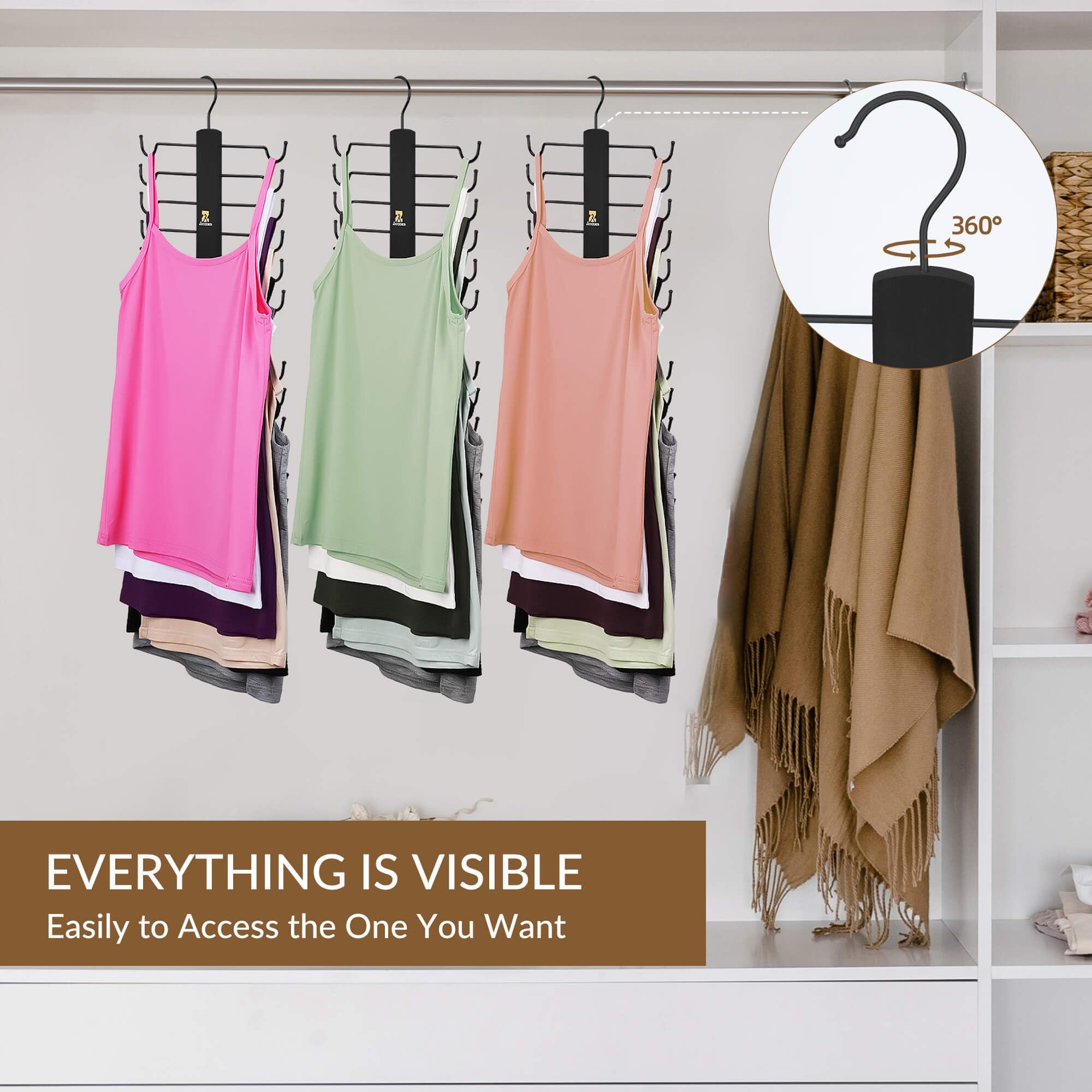 ZEDODIER Tank Top Hanger,2 Pack Wooden Bra Organizer for Closet, 12 Storage Capacity, Top 360° Rotation, Hanging Space Saving Hook for Tank Tops, Sport Bras, Camisoles, Lingeries, Black