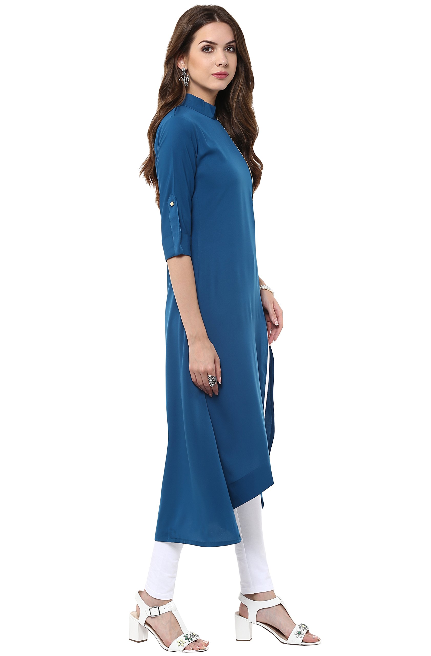 Janasya Women's Crepe Kurti Tunic Tops,Blue,Large,Blue,Large