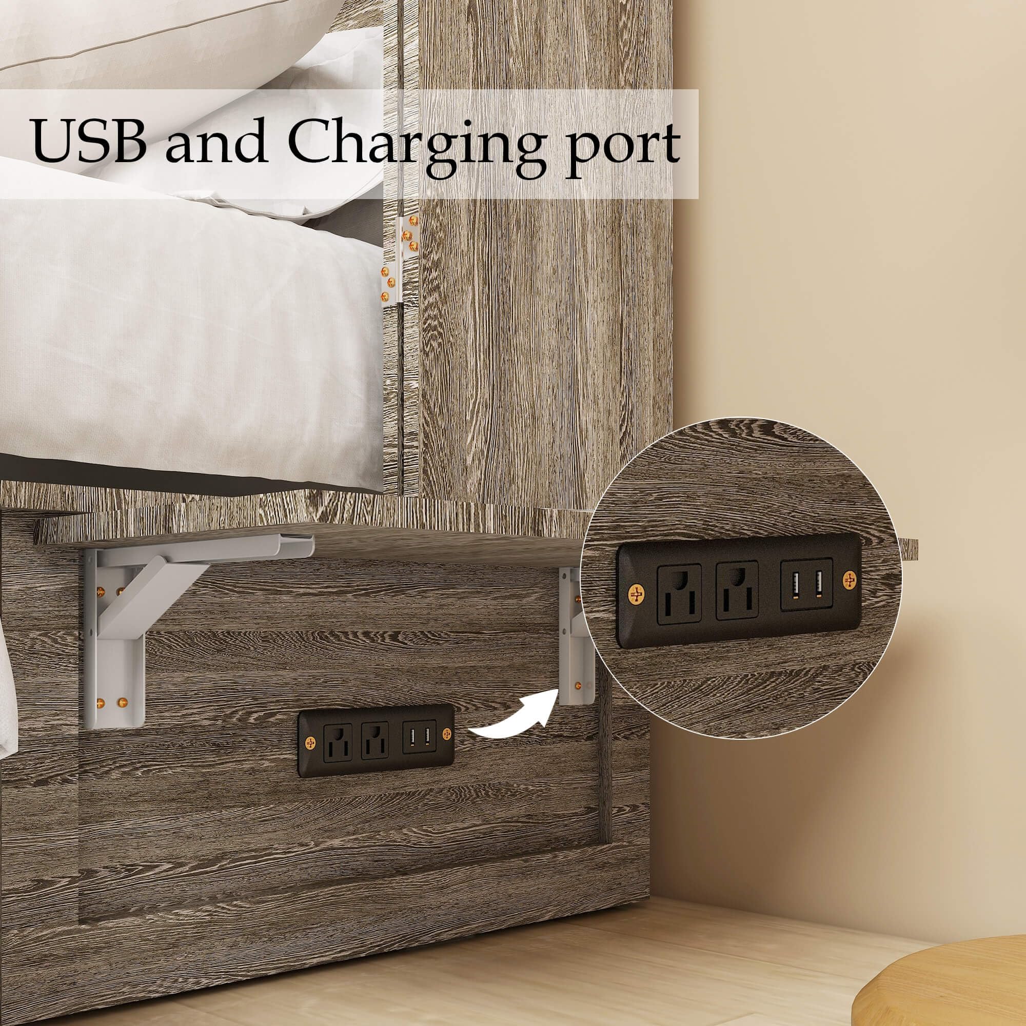 UrbEleg Murphy Bed Cabinet, Queen Murphy Bed with Drawer Includes Folding Mattress, Murphy Bed Cabinet with USB and Charging Port, Murphy Bed Queen Suit for Bedroom, Reddish-Brown Cabinet Bed, Bed