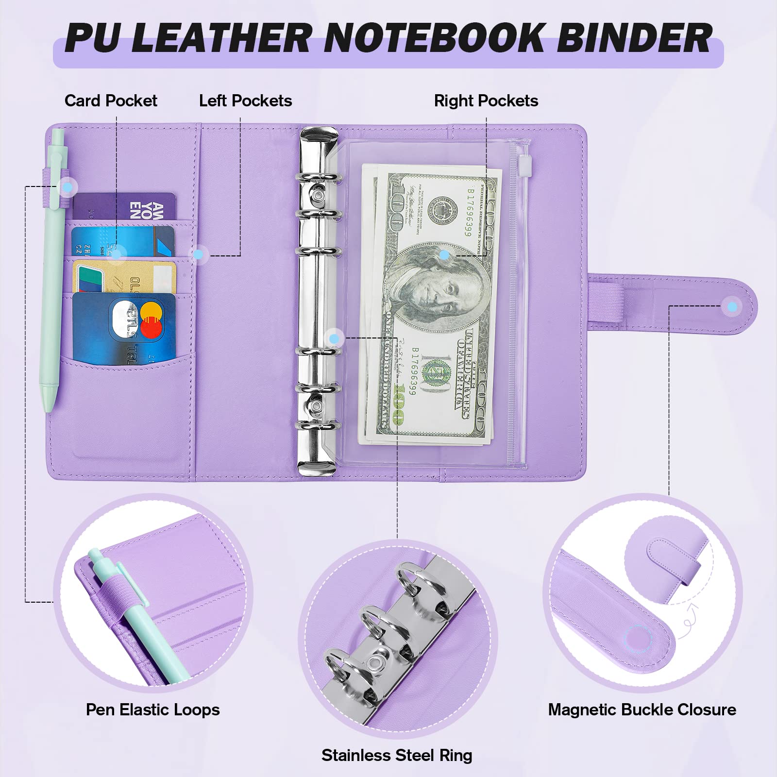 KTRIO A6 Budget Binder with Zipper Envelopes, Cash Envelopes for Budgeting, Money Organizer for Cash, Bill Money Saving Binder Planner, 26PCS A6 PU Leather Budget Notebook System, Gift - Purple