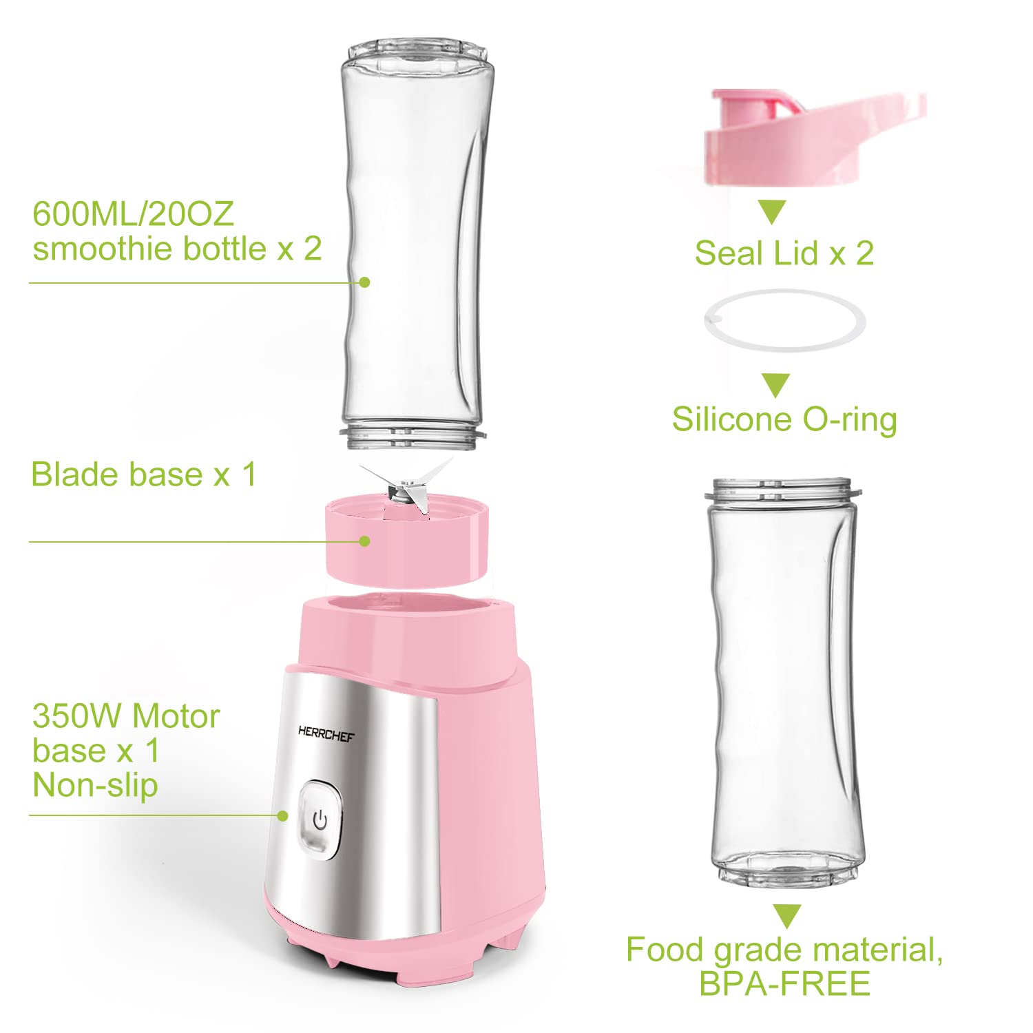 HERRCHEF Smoothie Blender, Blender for Shakes and Smoothies, 350W Powerful Personal Blender with 2 x 20oz Portable Bottle, Single Blender Easy To Clean, BPA Free(black)
