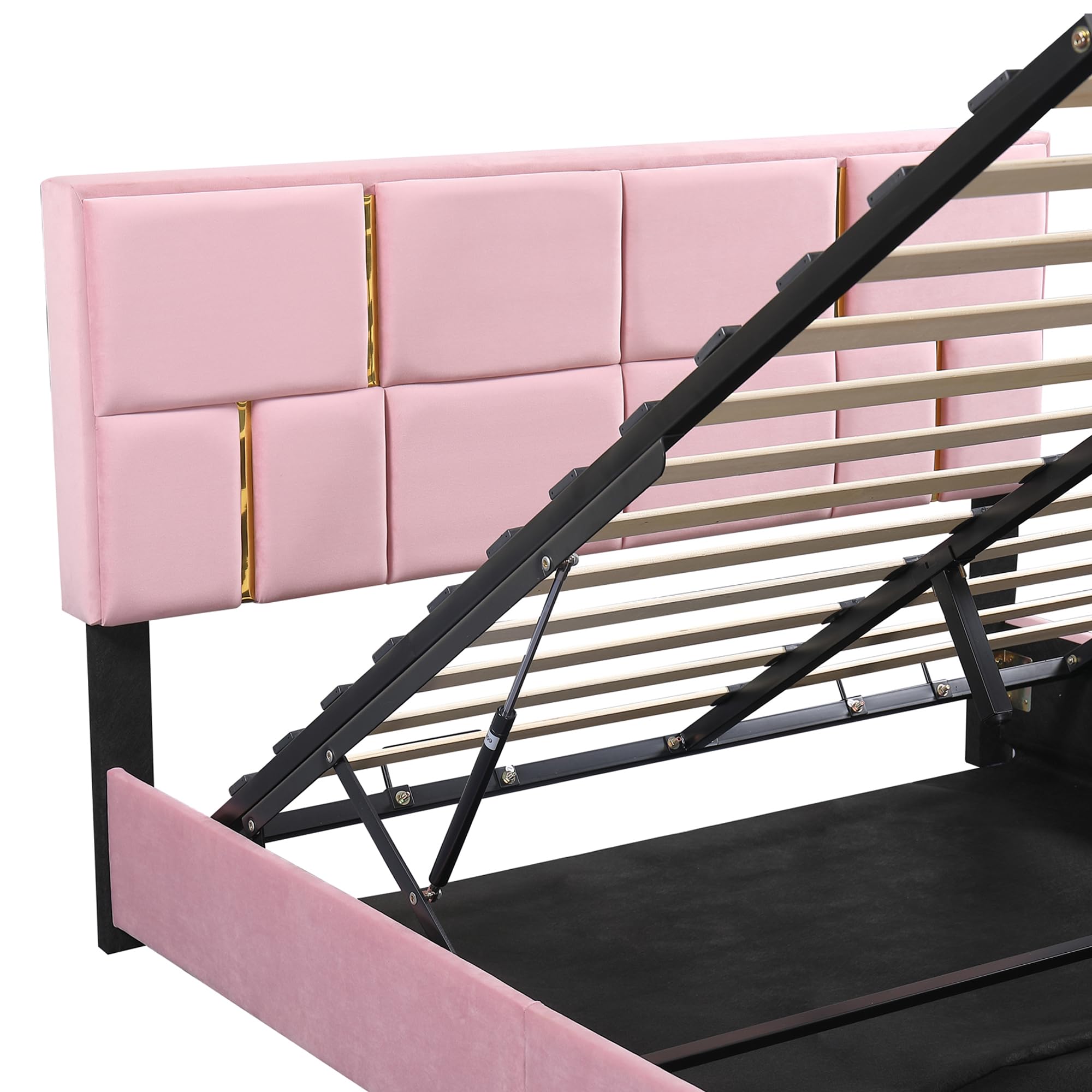 JIVOIT Upholstered Platform Bed with Hydraulic Storage System, Queen Size Storage Bed with Headboard and Wood Slats Support, Space Saving Wood Platform Bed Frame for Bedroom (Pink,Bed,5)