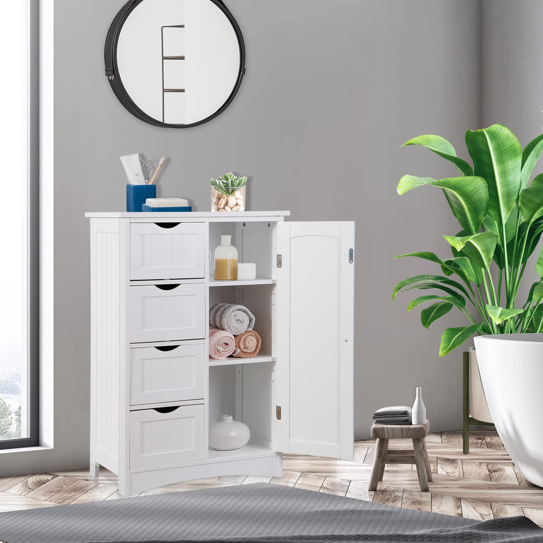 ZENY Bathroom Floor Storage Cabinet, Side Storage Organizer with 4 Drawers and 1 Cupboard, Adjustable Shelf Freestanding Entryway Storage Unit for Living Room/Bathroom, White