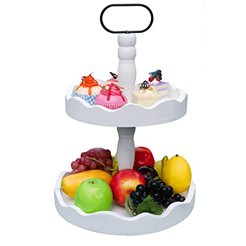 White Wood Two-Tier Tray with Metal Handle, Rustic Decorative Two Tiered Stand,Farmhouse 2 Tier Serving Tray for Kitchen Counter, Coffee Bar, Dining Room Table
