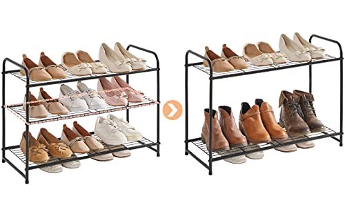 YMYNY Freestanding Shoe Racks, 3 Tiers Stackable & Adjustable Shoe Storage Shelf, Metal Wire Grid Shoe Organizer for 12-16 Pairs, for Entryway, Closet, Bedroom, Black, 26.8" L, UHXJ301B