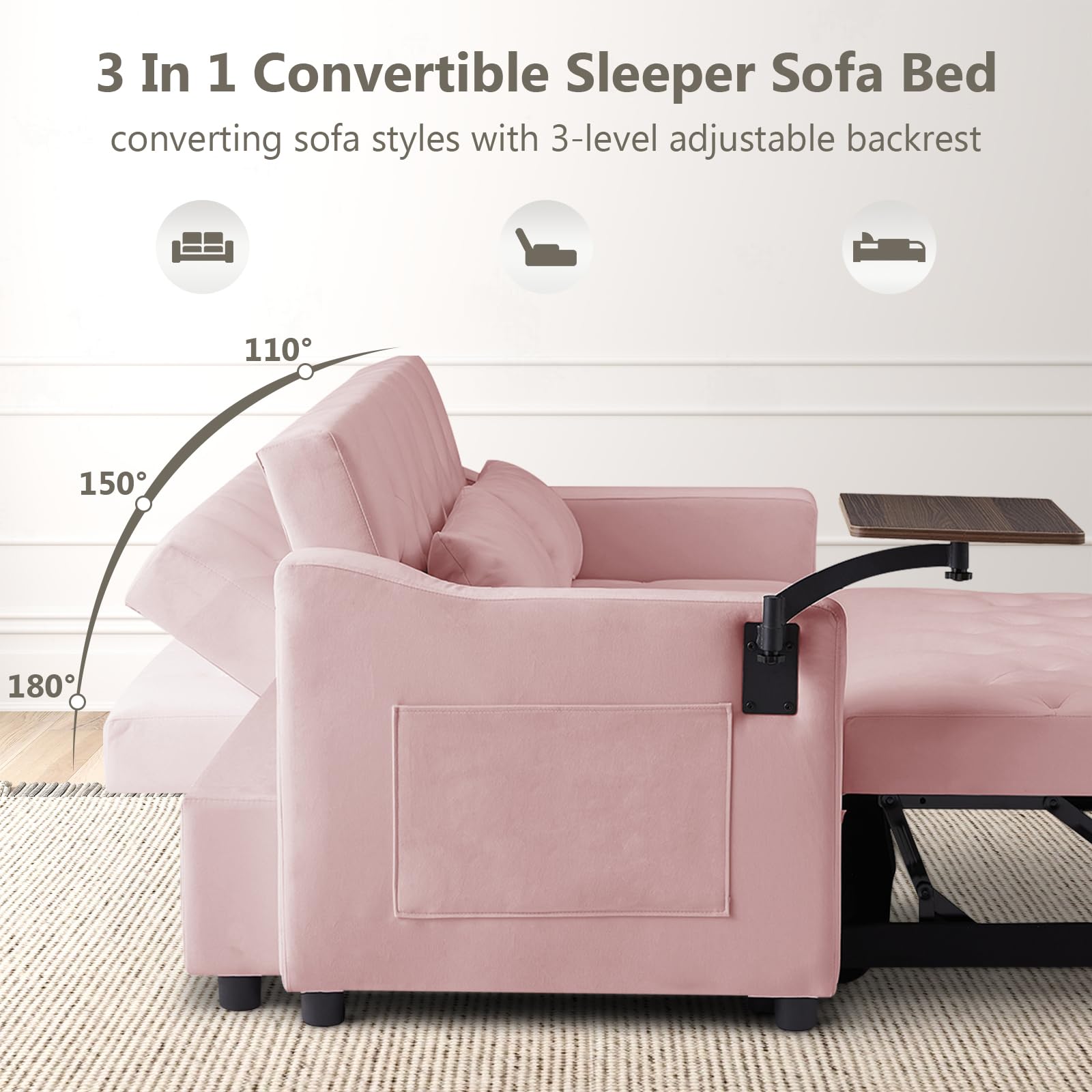Yafylly 3 in 1 Convertible Sofa Bed, 3-Level Adjustable Backrest Loveseat Sleeper, Small Pull Out Couch with 360° Rotating Side Table for Living Room, Apartment, Bedroom, Office