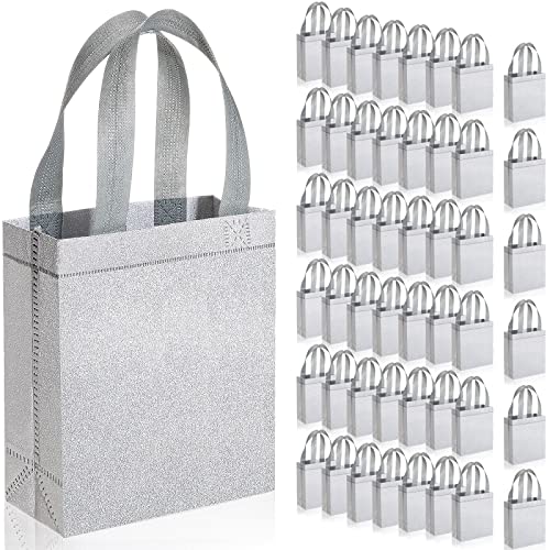 Woanger 48 Pack Christmas Reusable Gift Bags Metallic Tote with Handles Glitter Gift Bags Bling Non Woven Bags for Wedding Birthday Bridesmaid (Silver, 6.5 x 3.1 x 7.8 Inch)