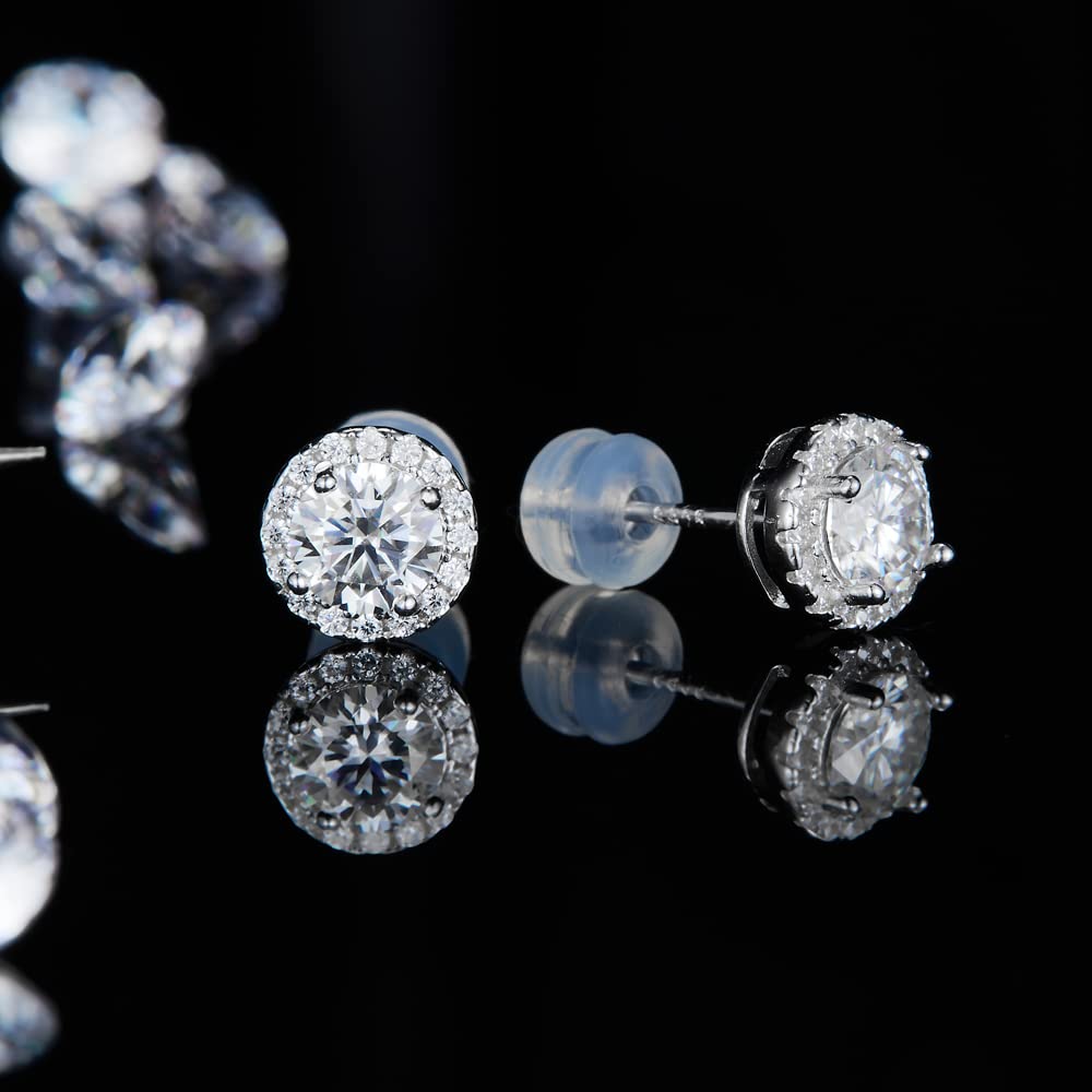 Moissanite Earrings for Women Men 18K White Gold Plated Round Cut Lab Created Diamond Halo Stud Earrings