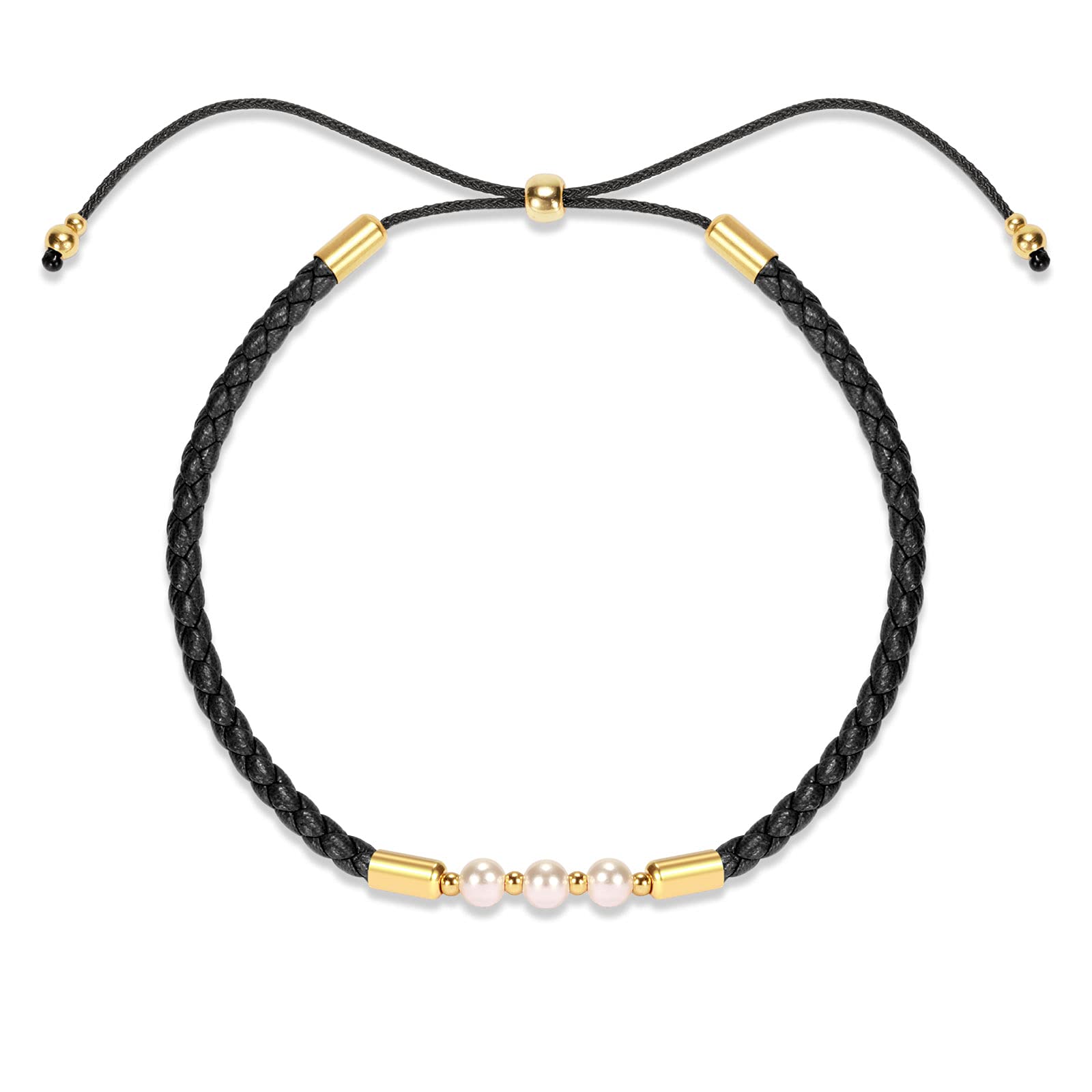 JOJOPANDA Shell Pearl Friendship Bracelet for Women Black Braided Leather Adjustable Thin Bracelet