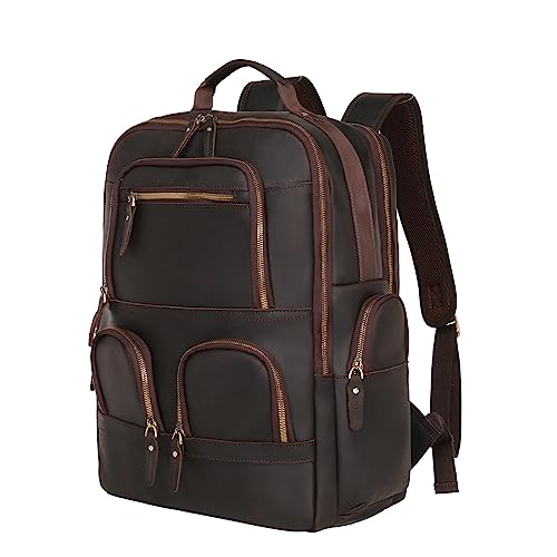 ZHYOL Mens Full Grain Genuine Leather 17.3" Laptop Backpack with USB Charging Port Multi Pockets Business Weekender Hiking Shoulder Daypacks Travel Laptop Bag for Men