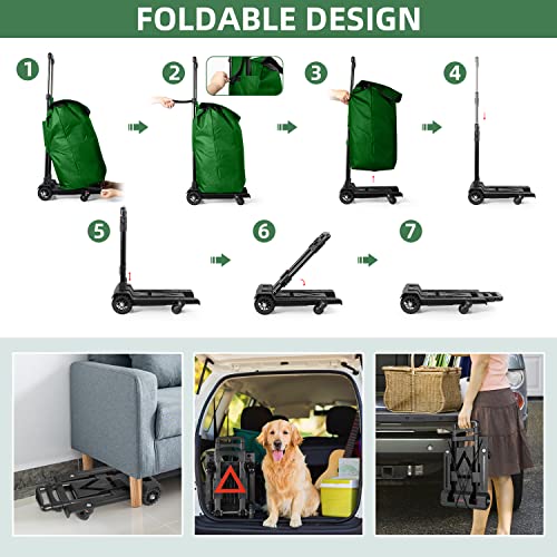 SELORSS 2-in-1 Foldable Hand Truck Utility Cart, Portable Grocery Shopping Cart with Wheels, Telescoping Handle and Removable Waterproof Bag, Collapsible Lightweight Large Capacity for Groceries
