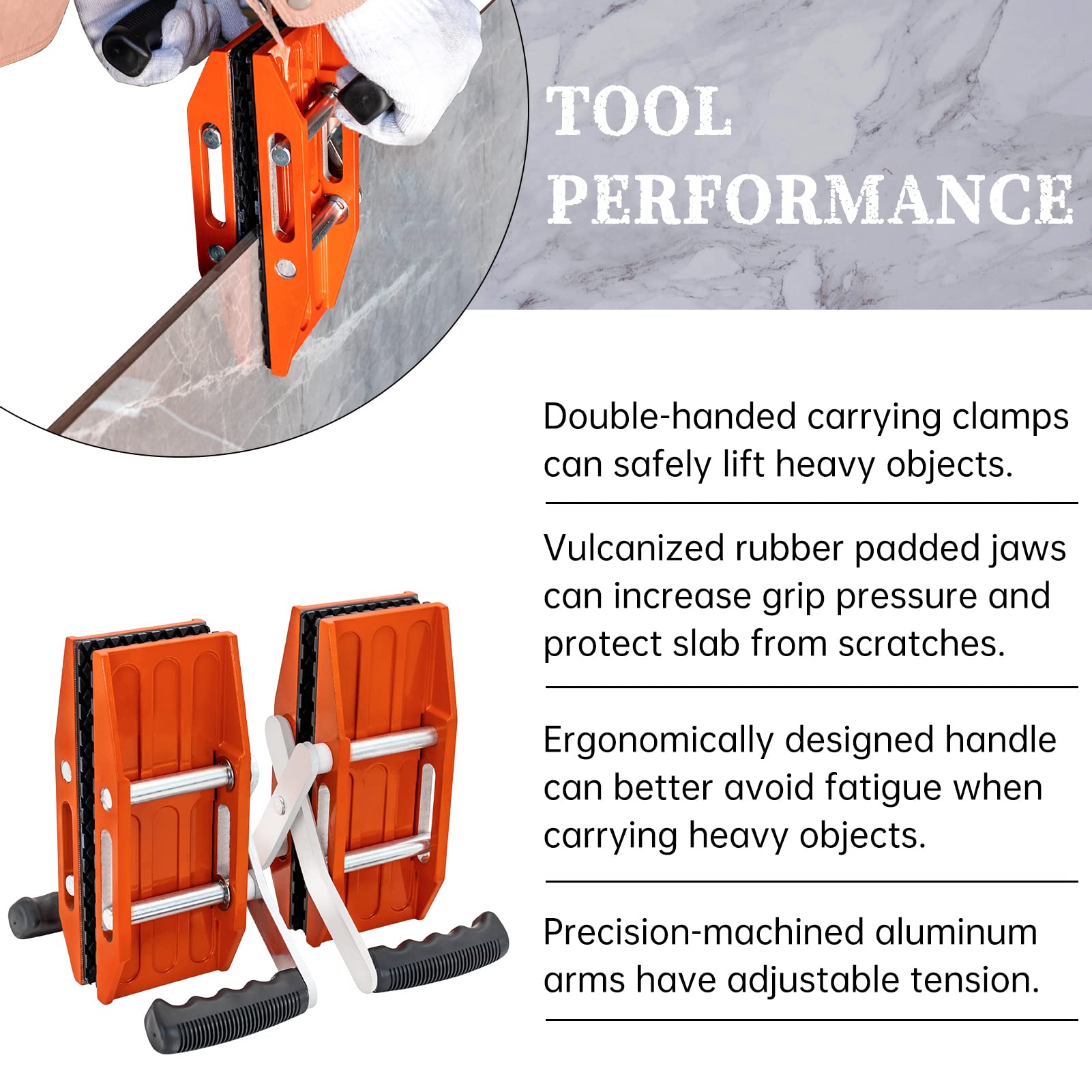 SDRTOP 2 PACK Double Handed Stone Carrying Clamps Granite Panel Carriers Lifting Tools 660lbs Transporting Heavy Duty Carry Clamp for Glass Quartz Slabs Marble with Rubber-lined (0-2.36in)