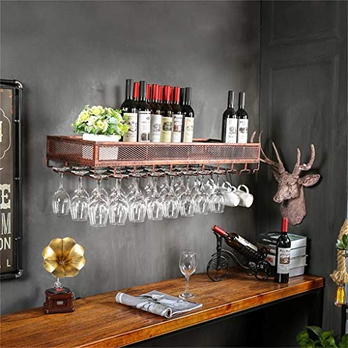 Wine Bottle Rack Wall Mounted Metal Wine Glass Holder Bar Hanging Wall Goblets Stemware Rack, Champagne Drink Storage Racks Display Shelf (Bronze) (Size : 60×25cm(24×10inch))