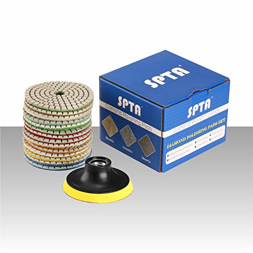 SPTA 15pcs Diamond Wet Polishing Pads Set, 4 inch Pads for Granite Stone Concrete Marble Floor Grinder or Polisher, 50#-6000# with Hook & Loop Backing Holder Pads for Wet Polisher