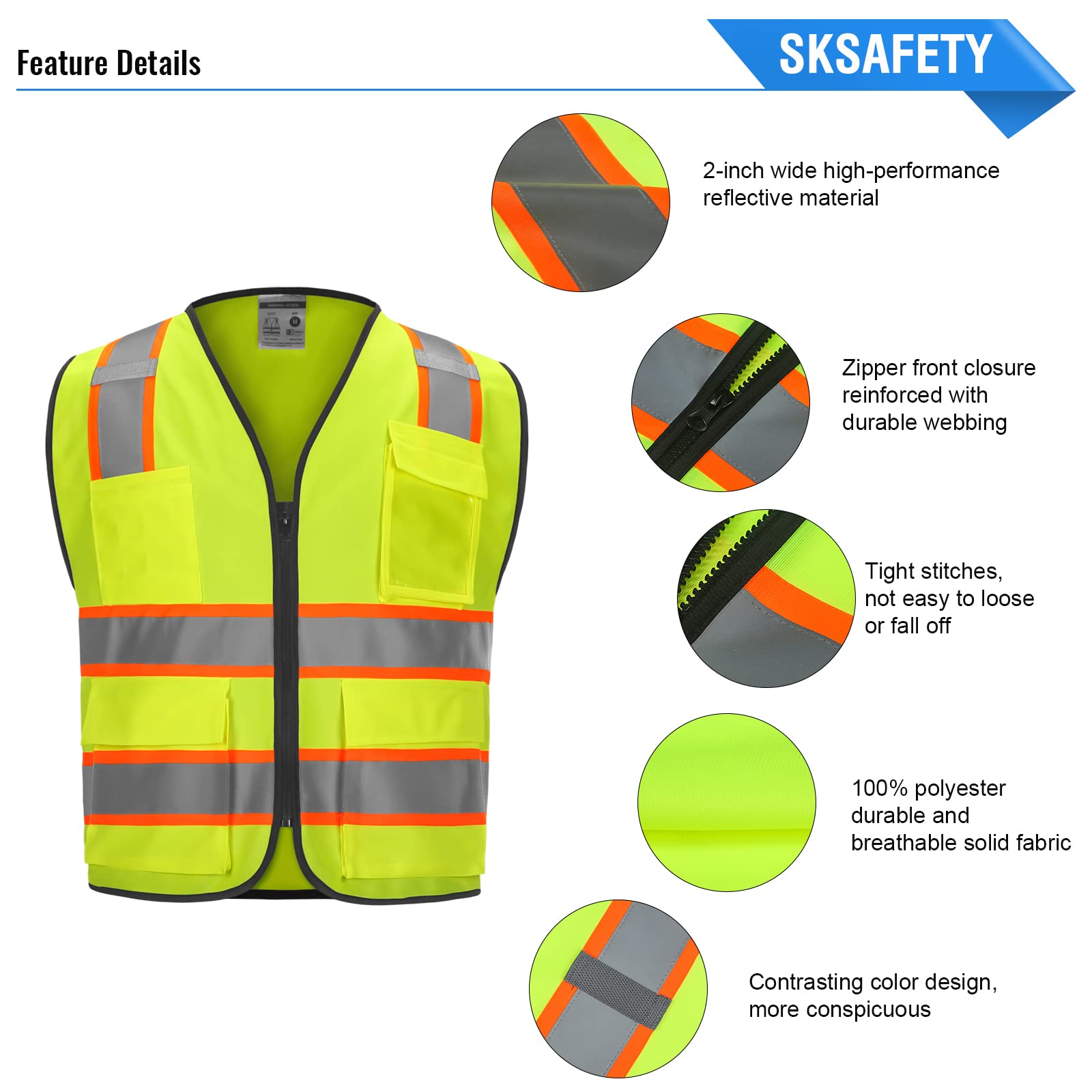 SKSAFETY 9 Pockets Safety Vest, Class 2 Classic models High Visibility Security with Zipper, Hi Vis Vest with Reflective Strips, ANSI/ISEA Standard, Construction Work Vest for Men & Women (Lime, XL)