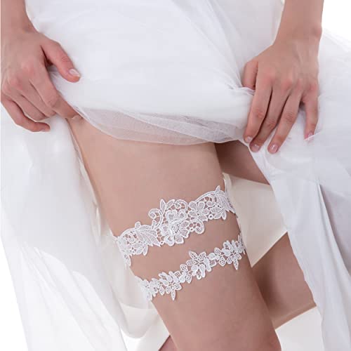 Kukensammy Garters for Bride Women Ivory Lace Plus Size Adjustable 16-28inch Bridal Accessories White Leg Ribbon Thigh for Wedding Evening Party