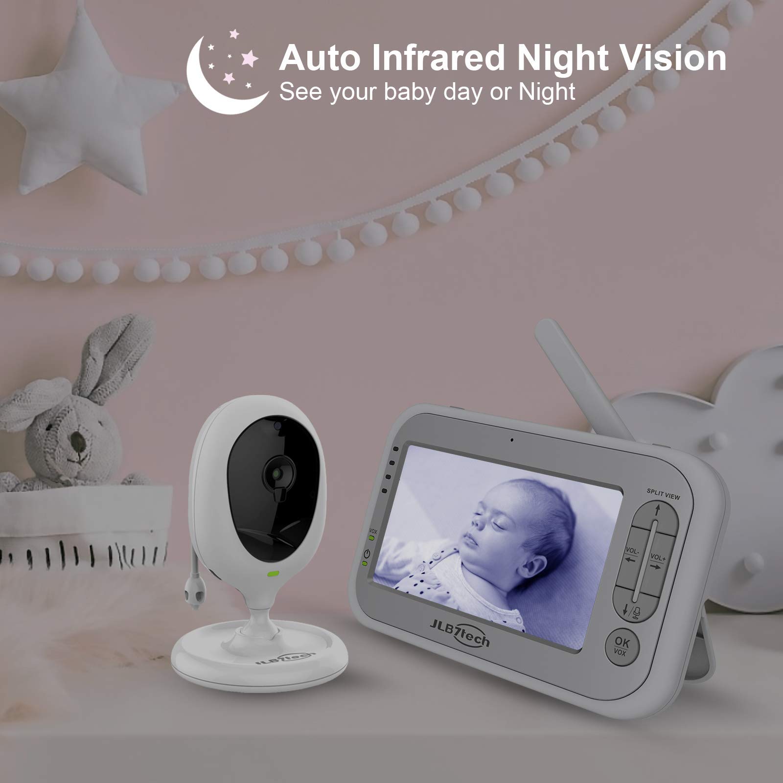 JLB7tech Baby Monitor,5" Split Screen Video Baby Monitor 1 Camera and Audio,Night Vision,Two-Way Talk,Long Range,FeedingTime,Lullabies,Temperature Detection,Power Saving/Vox,Zoom in