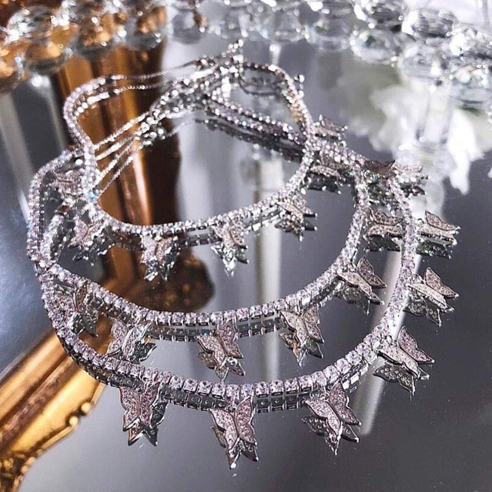 Jacruces Butterfly Necklace Tennis Chain Butterfly Choker Bling Iced CZ Butterfly Necklace Silver Women (16, 3mm-Silver)