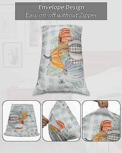Thanksgiving Pillow Covers Standard Size Set of 2 Bed Pillow, Farmhouse Teal Plaid Fall Pumpkin Maple Leaves Plush Soft Comfort for Hair/ Skin Cooling Pillowcases with Envelop Closure 20''x26''