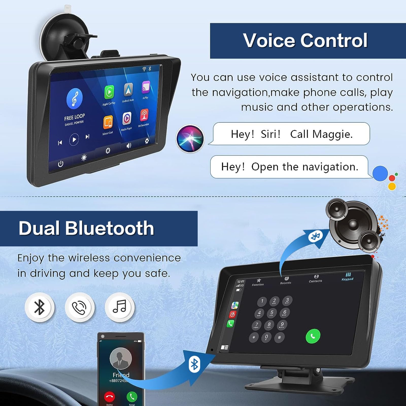 Hikity Portable Wireless Apple Carplay & Android Auto Car Stereo with 7 Inch Touchscreen Car Radio Support AirPlay Android Bluetooth Handsfree AUX/FM Transmitter 64GB TF Card