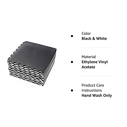 Interlocking Floor Tiles, EVA Foam Puzzle Mat with Borders - Black and White, 16 SQ. FT (16 Tiles) (Black & White)